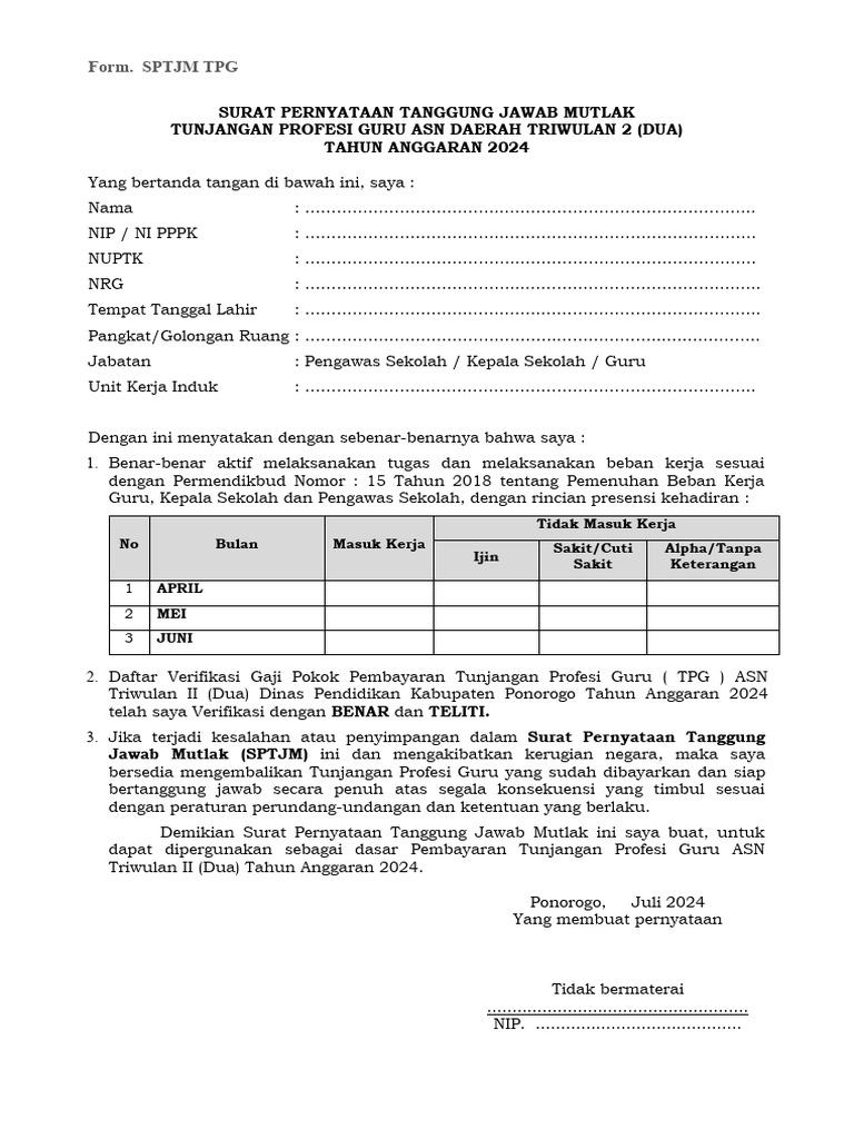 Form SPTJM TPG Triwulan 2 Ta 2024 | PDF