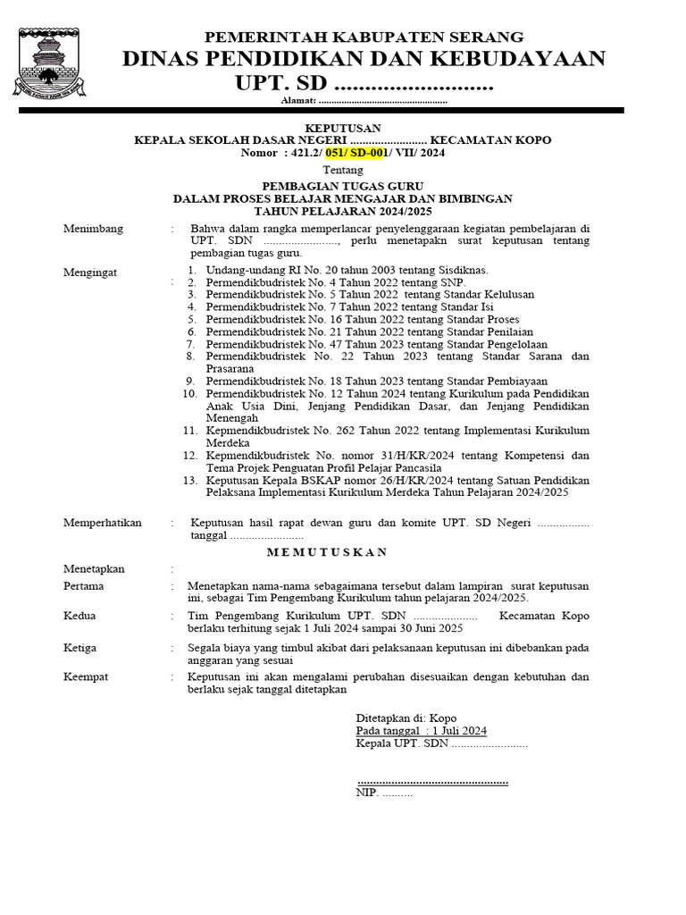 SK Pembagian Tugas Guru SD 2024/2025 | PDF