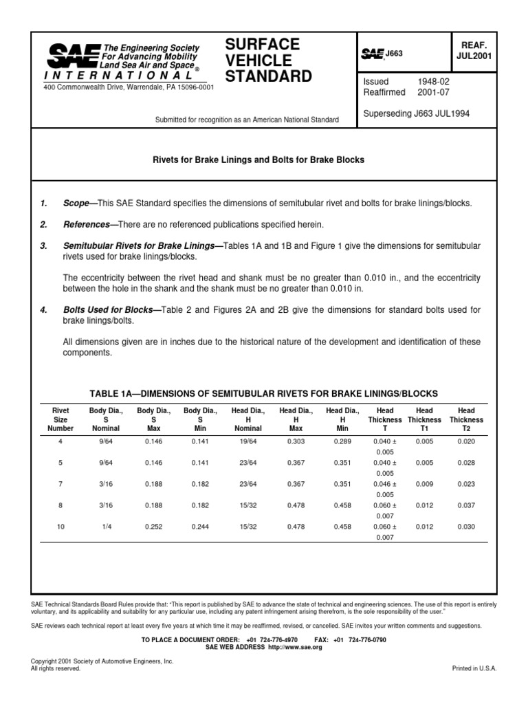 Dimensions for Brake Rivets and Bolts | PDF | Screw | Rivet