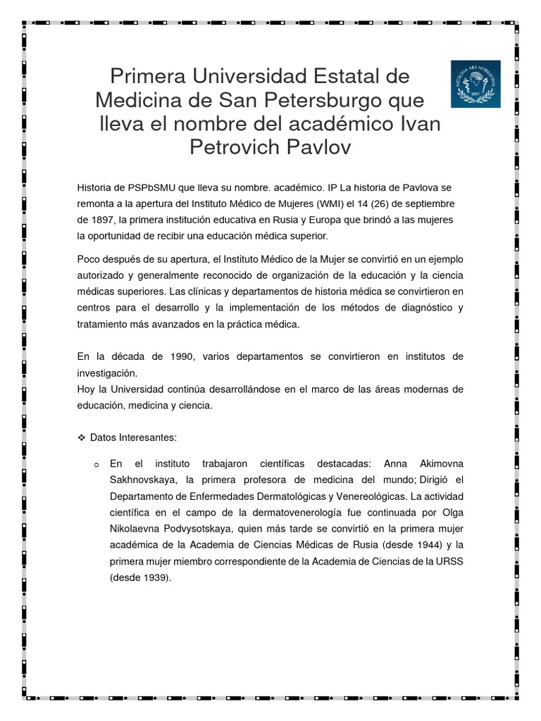 Universidad Estatal de Medicina de San Petersburgo - Pavlov | PDF ...