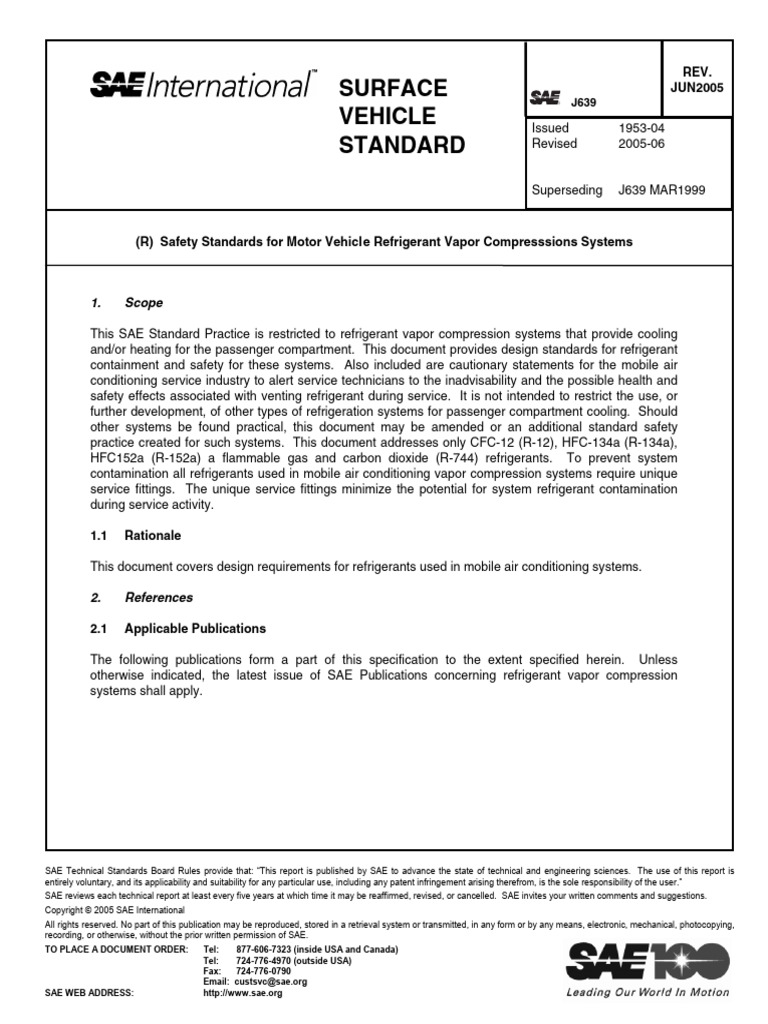 Sae - Safety Standards For Motor Vehicle Refrigerant Vapor ...