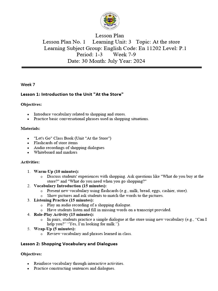 Lesson Plan IEP 7-9 Weeks | PDF | Reading Comprehension | Vocabulary