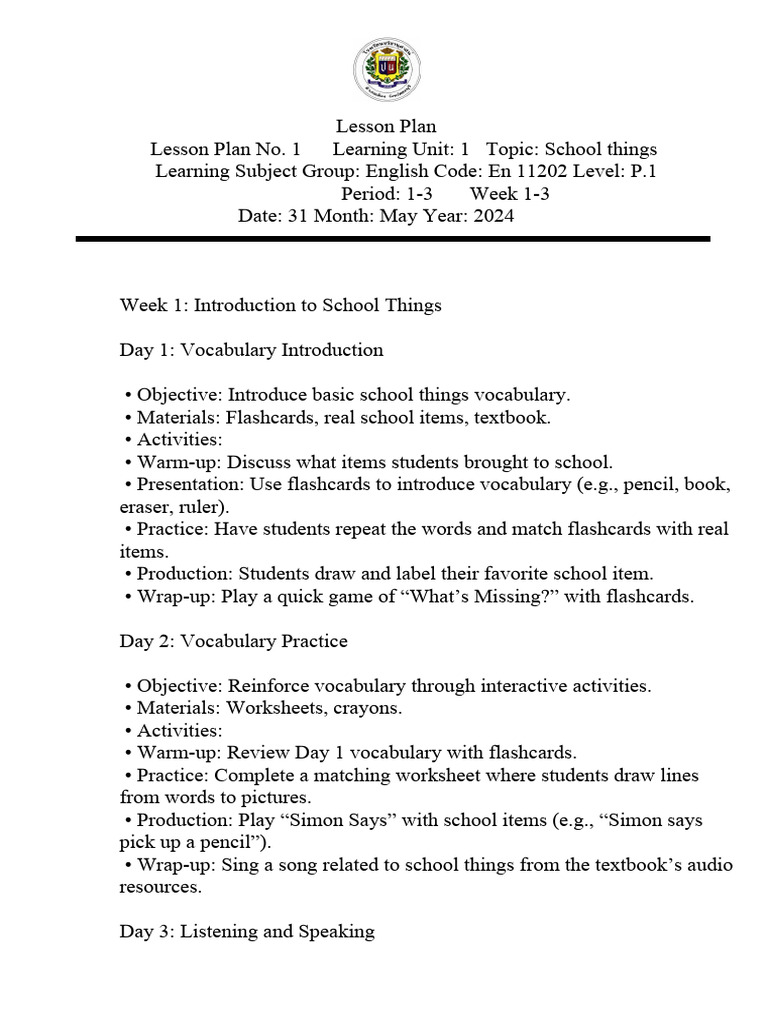 Lesson Plan MEP 1-3 Weeks | PDF | Vocabulary | Reading Comprehension