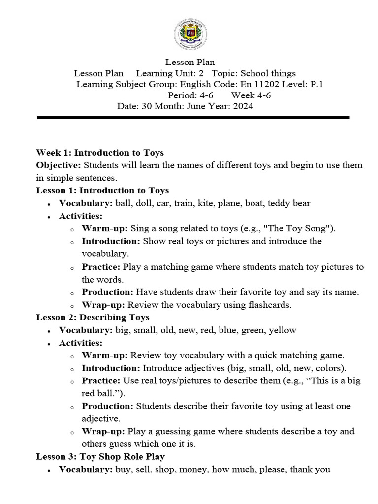 Lesson plan MEP 4-6 weeks | PDF | Vocabulary | Toys