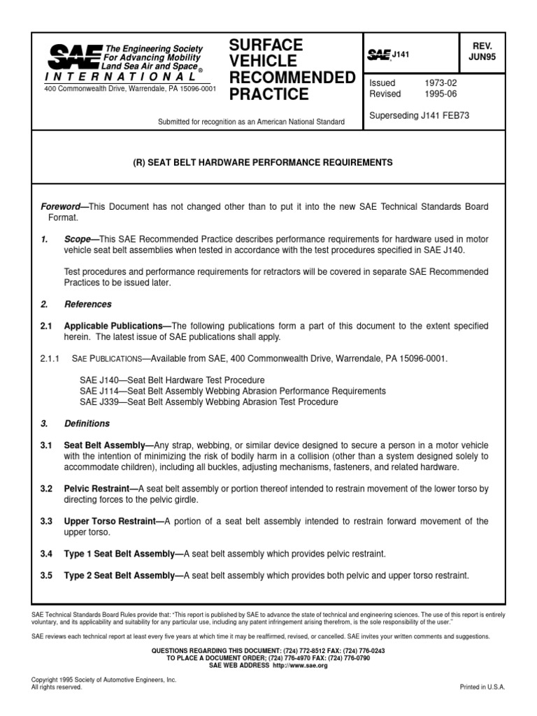 Sae - Seat Belt Hardware Performance Requirements | PDF | Seat Belt ...