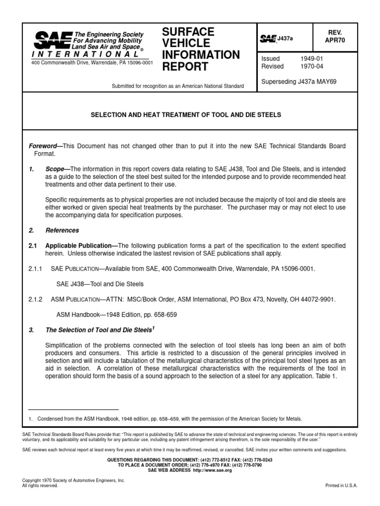 Sae - Selection and Heat Treatment of Tool and Die Steels | PDF | Heat Treating | Steel