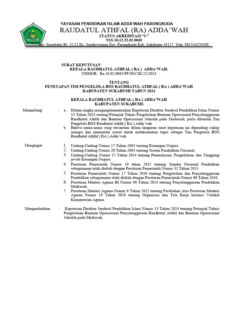 Contoh SK Tim Pengelola BOS Madrasah | PDF