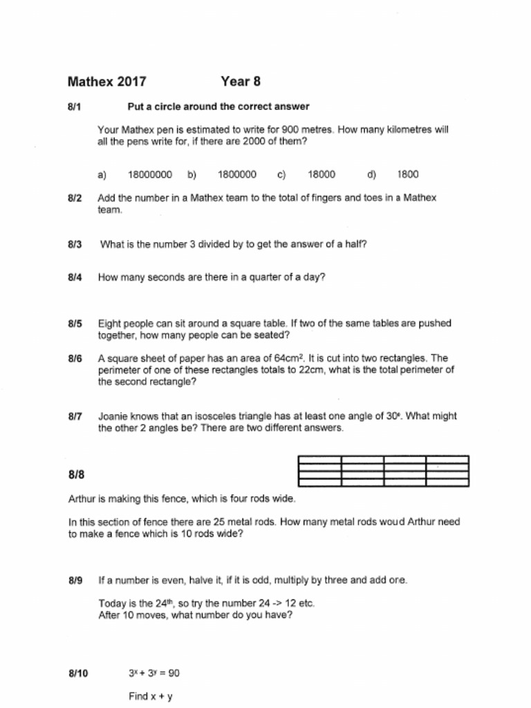 Year 8 Mathex Questions and Answers 2017 | PDF