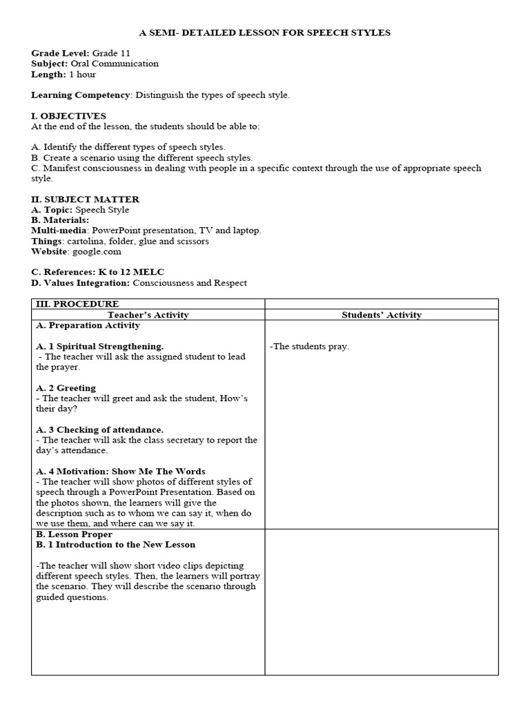 LP For Senior High (Speech Style) (Final) | PDF | Learning | Teachers