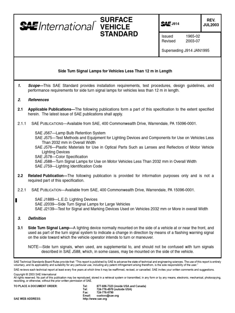 SAE J914: Side Turn Signal Lamps | PDF | Lighting | Electromagnetic ...