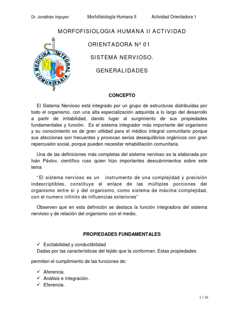 MFH II - Clase 1 - Generalidades Del Sistema Nervioso - 091251 | PDF | Sistema nervioso | Cerebro
