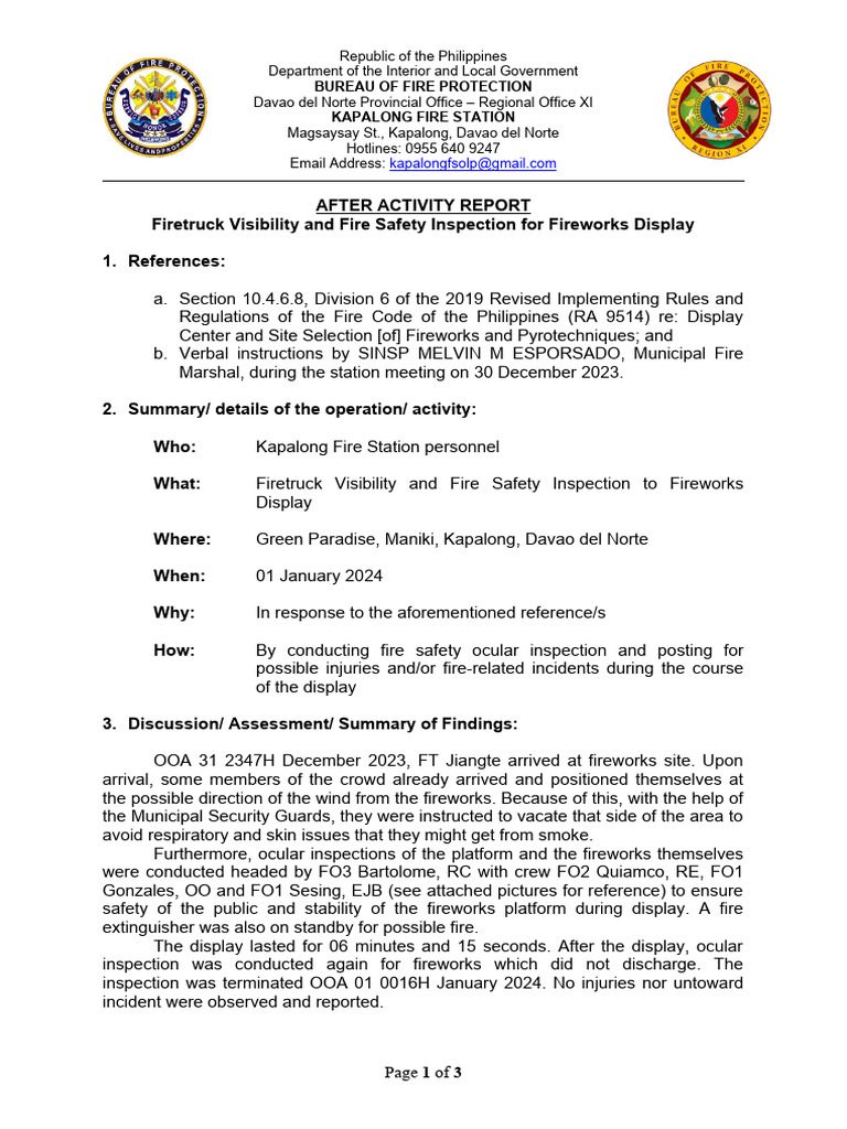 Fire Safety Inspection Report for Fireworks | PDF | Fire Safety | Safety