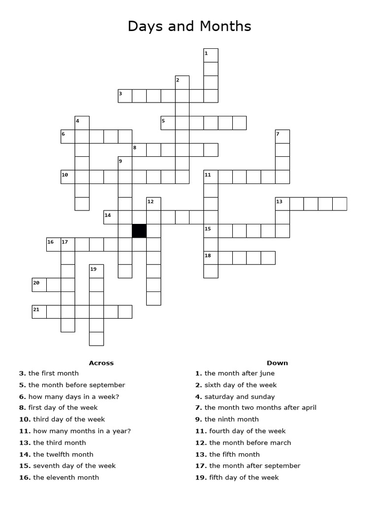 Days and Months Crossword Puzzle | PDF