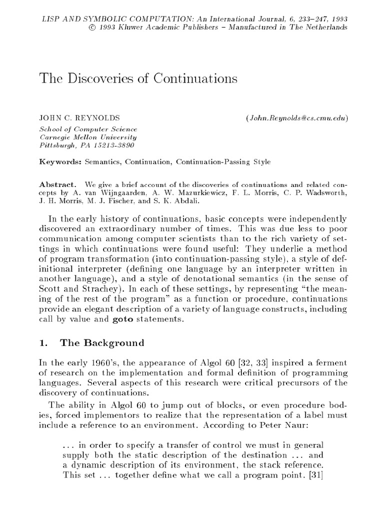 1993 - JC Reynolds - The Discoveries of Continuations | PDF | Parameter ...