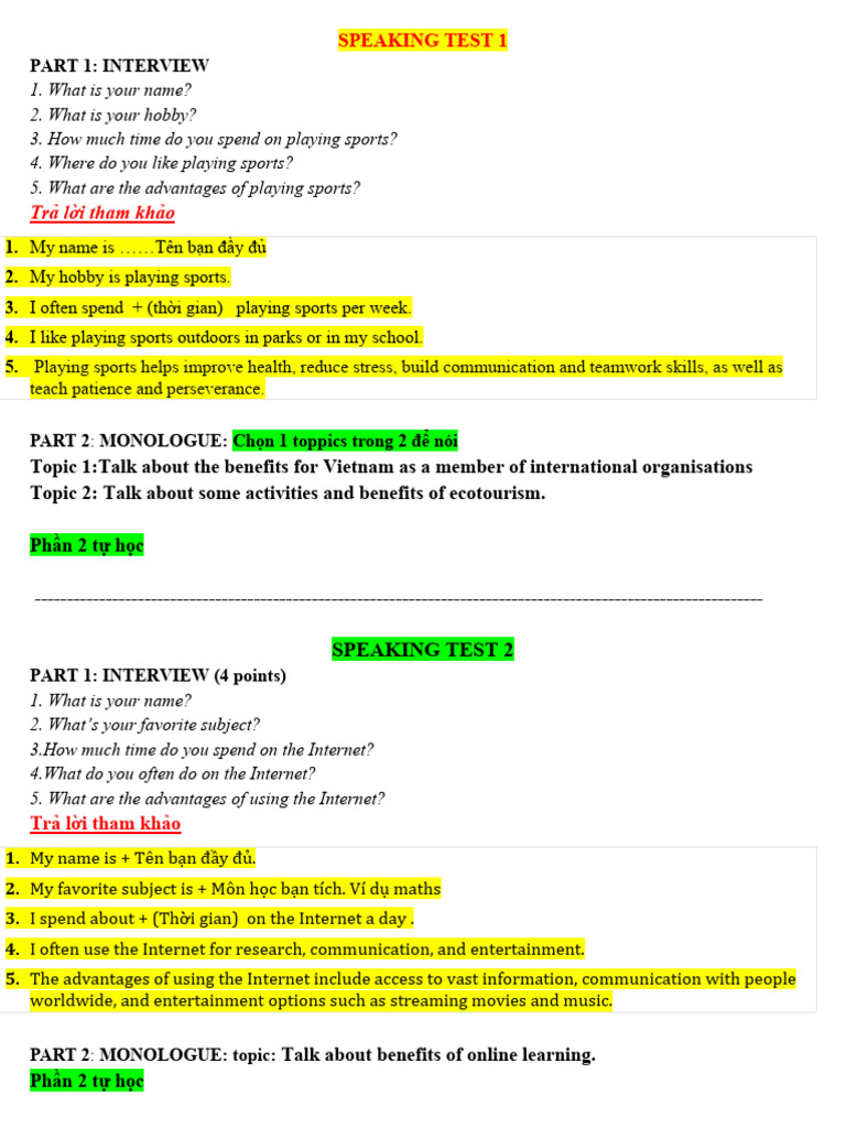 SPEAKING TEST ENGLISH 10 TERM 2 G I Ý | PDF | Cognition | Human ...