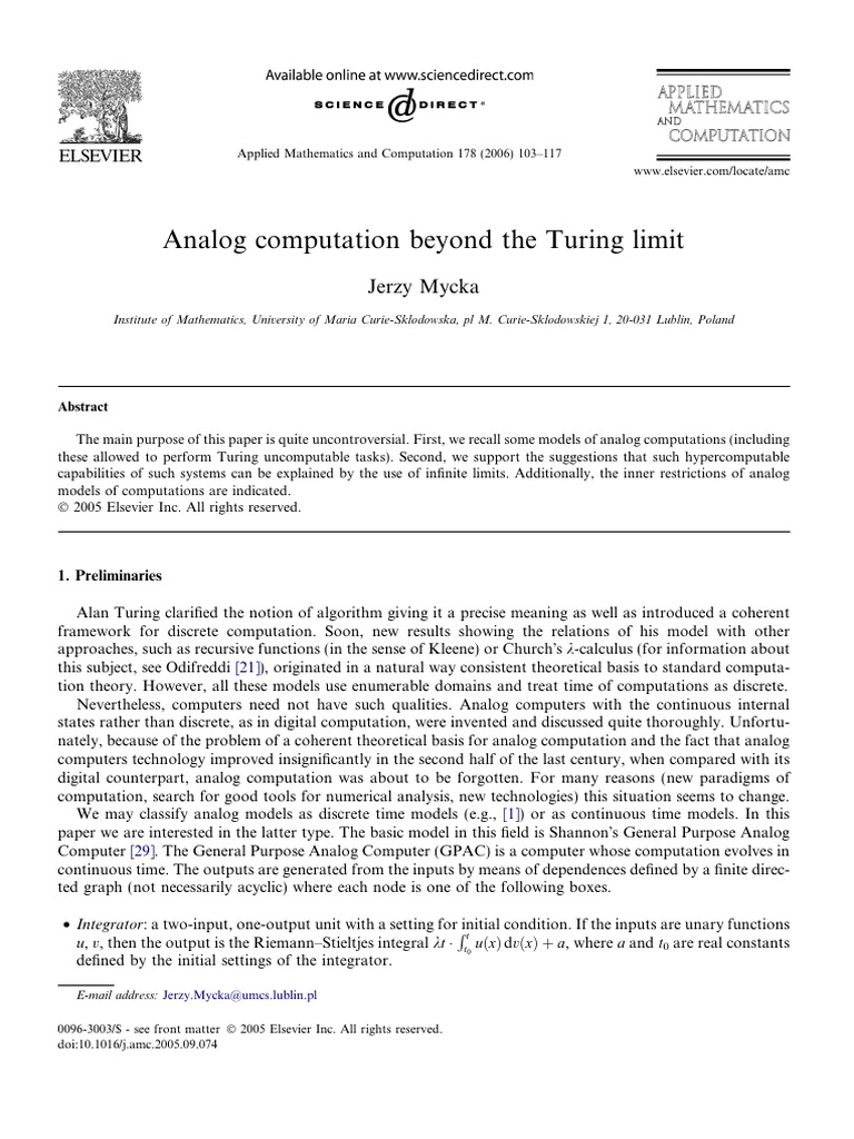 Analog Computation Beyond The Turing Limit | PDF | Function (Mathematics) | Applied Mathematics