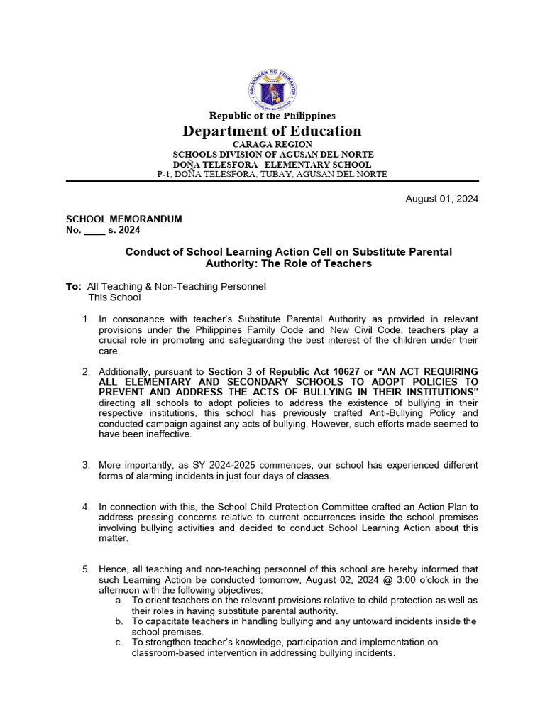 School Memo SLAC 8.02.24 | PDF | Teachers | Bullying
