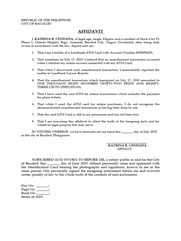 Affidavit of Unauthorized Transaction | PDF | Social Science | Law
