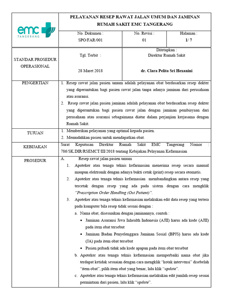 Pelayanan Resep Rawat Jalan EMC | PDF
