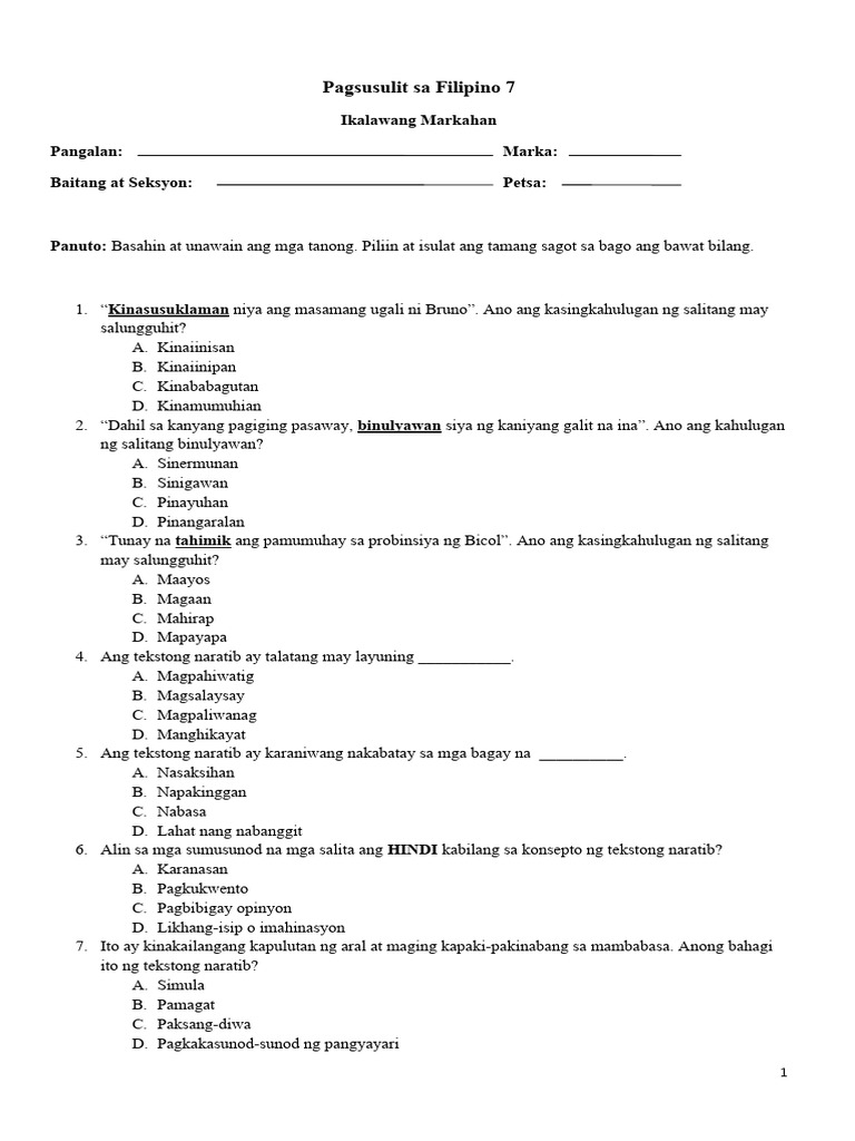 Pagsusulit Sa Filipino 7 Final | PDF