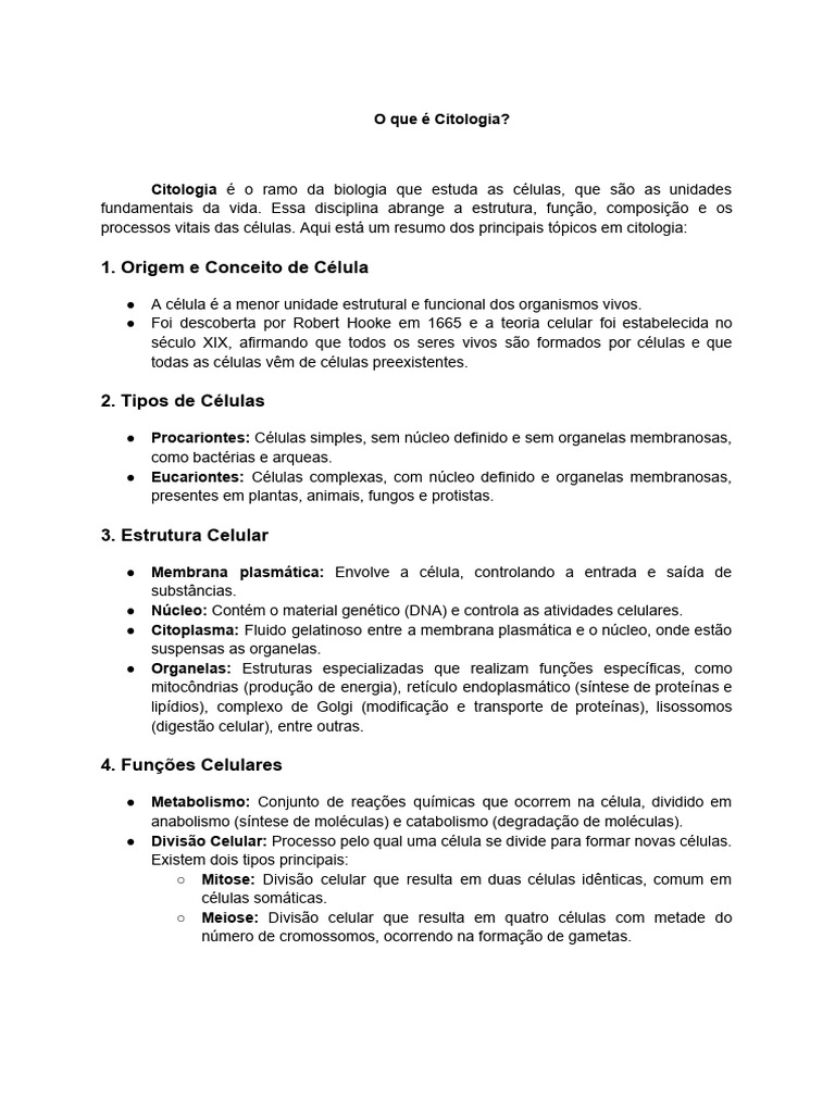 O Que É Citologia? Resumo | PDF | Célula (Biologia) | Biologia Celular