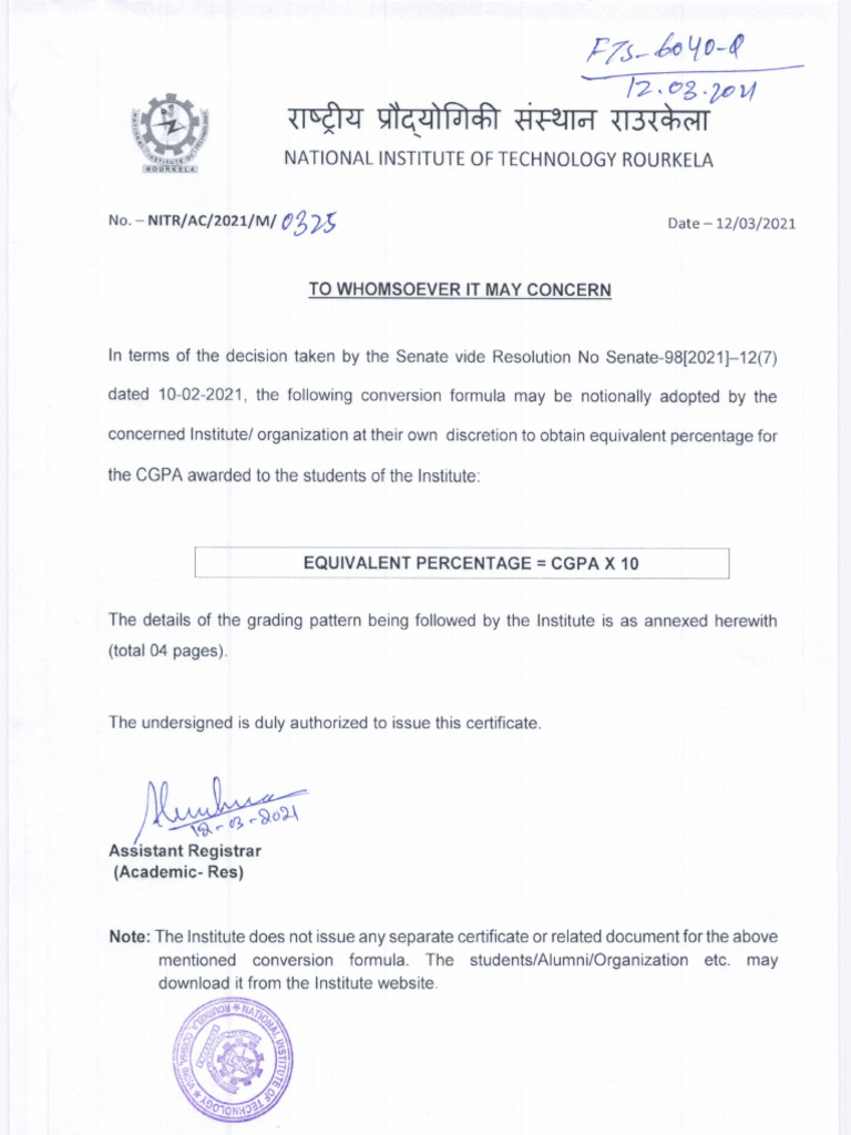 Cgpa Nit RKL 10 | PDF