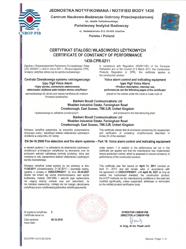CNBOP VIGIL Voice Alarm EN54 Certificate | PDF
