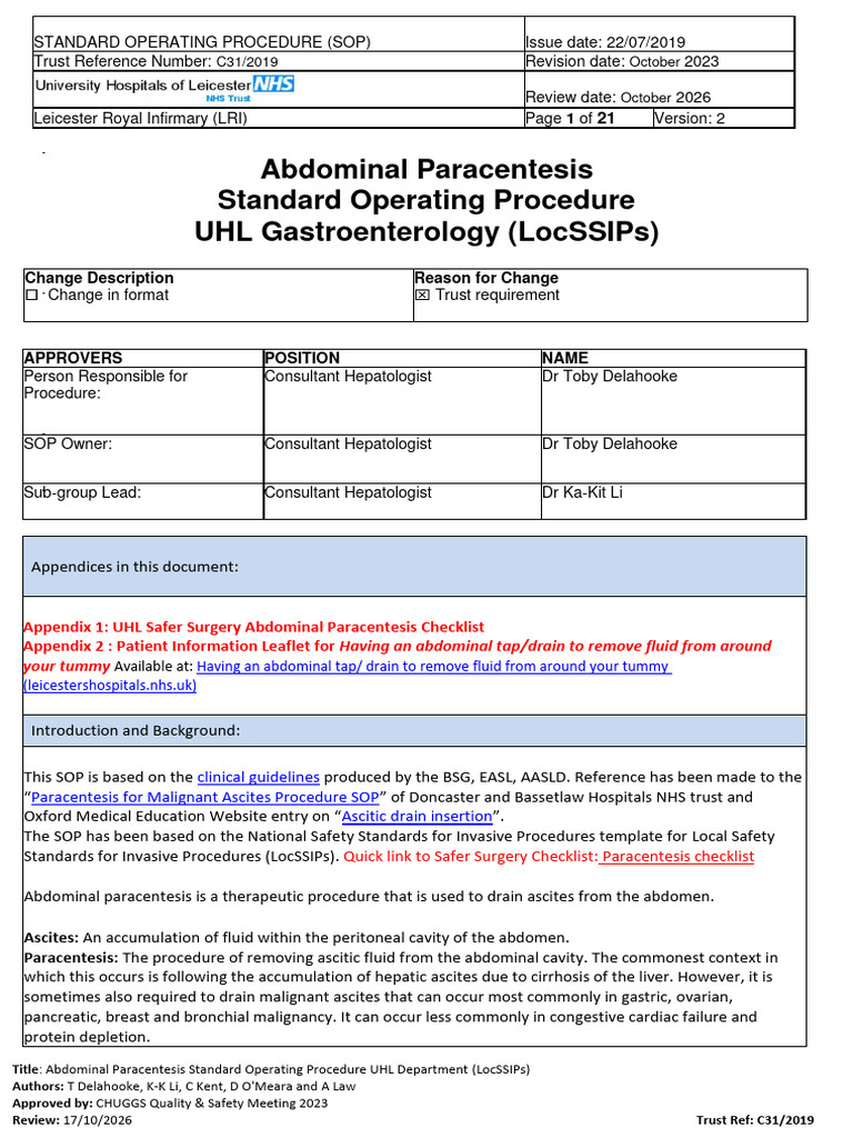 Paracentesis - Abdominal UHL Gastroenterology LocSSIP | PDF | Diseases ...