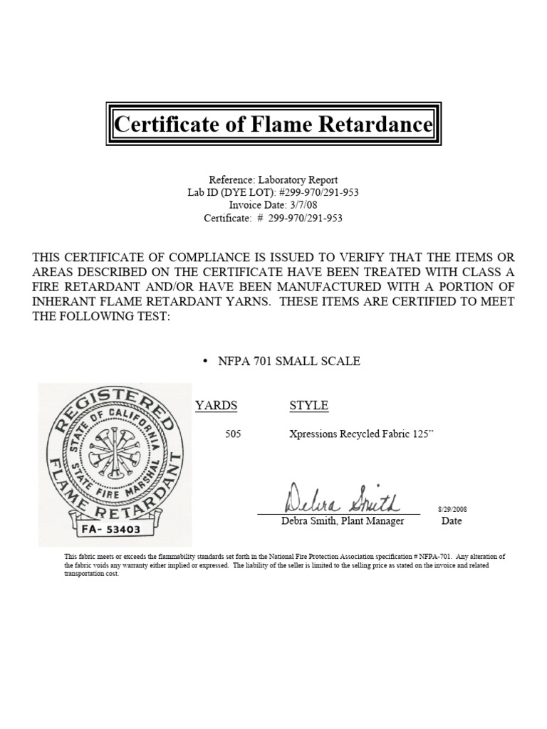 NFPA 701 Flame Retardance Certificate | PDF | Textiles