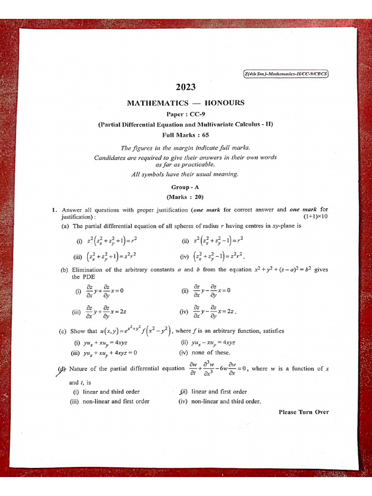 Mathematics Sem 4 Honours 2023 question paper | PDF