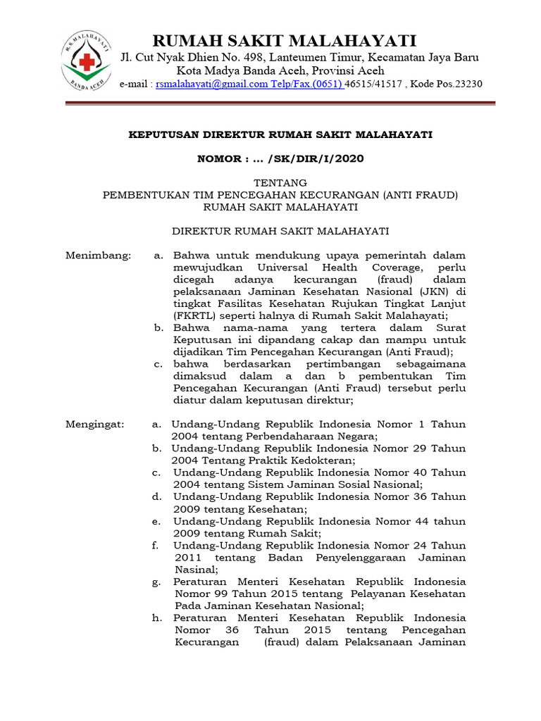 SK Pembentukan Tim Anti Fraud Rsis (2018) | PDF