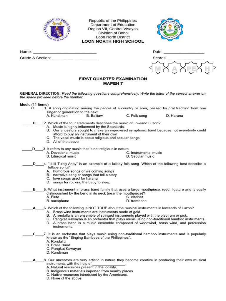 Q1. MAPEH Answer Key | PDF