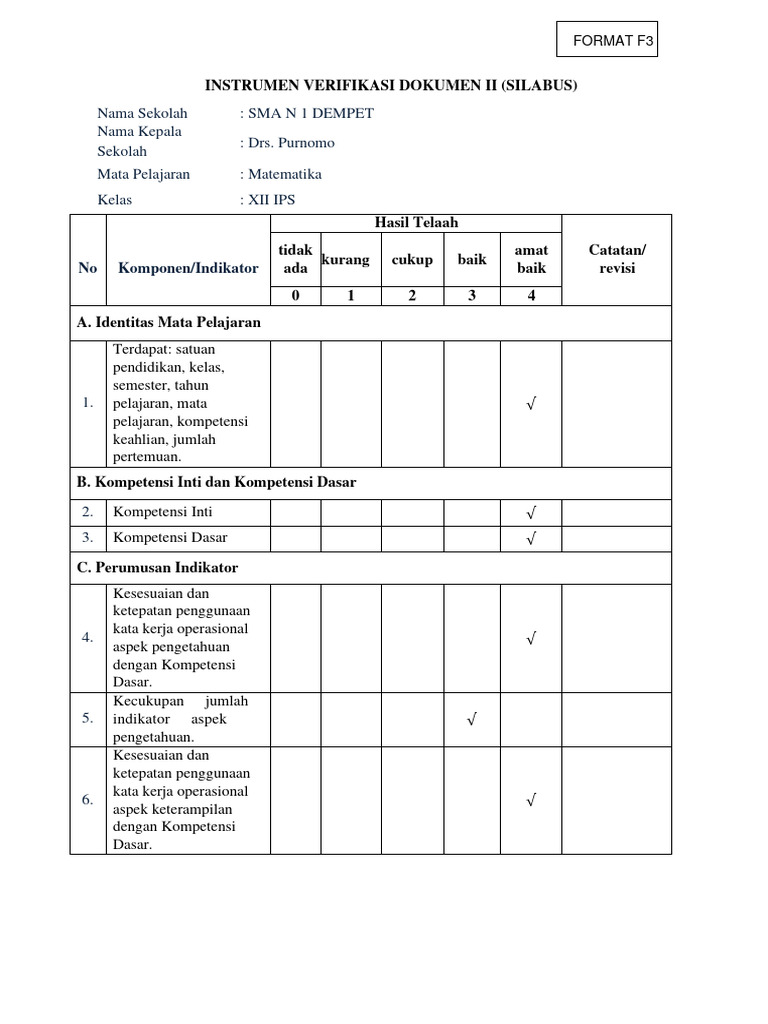 Verifikasi Silabus Matematika SMA Dempet | PDF