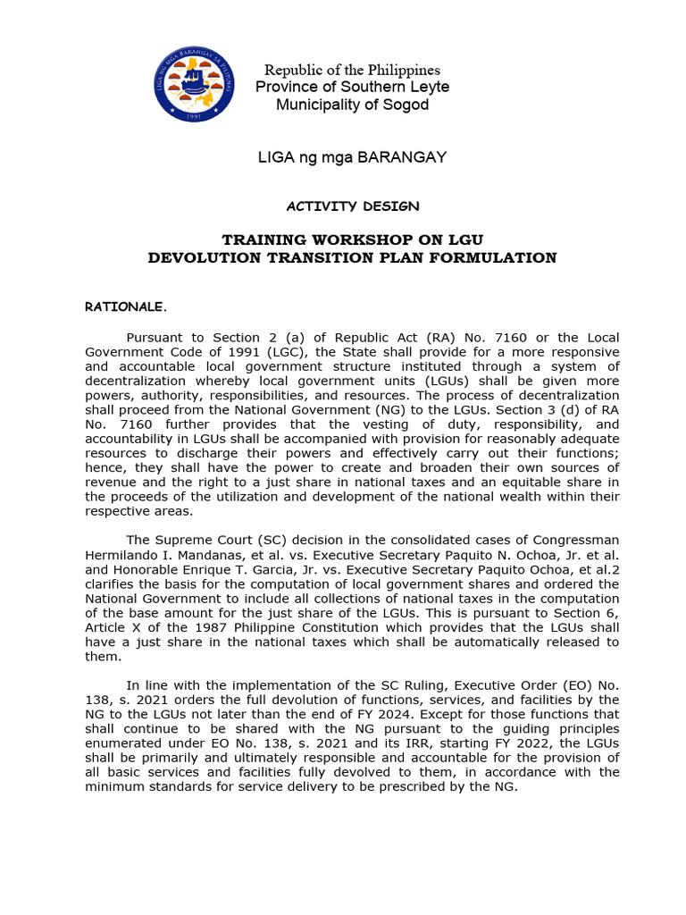 Brgy DTP Activity Design | PDF | Government | Governance