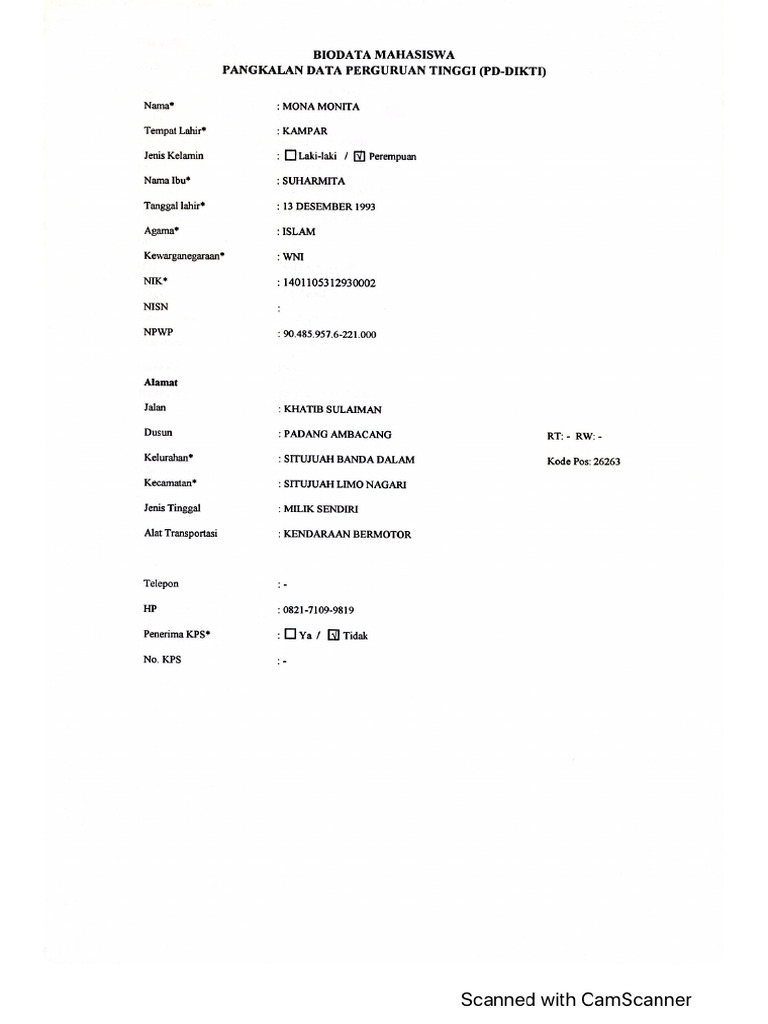 Mona Monita - 201699672056 - Biodata Mahasiswa | PDF