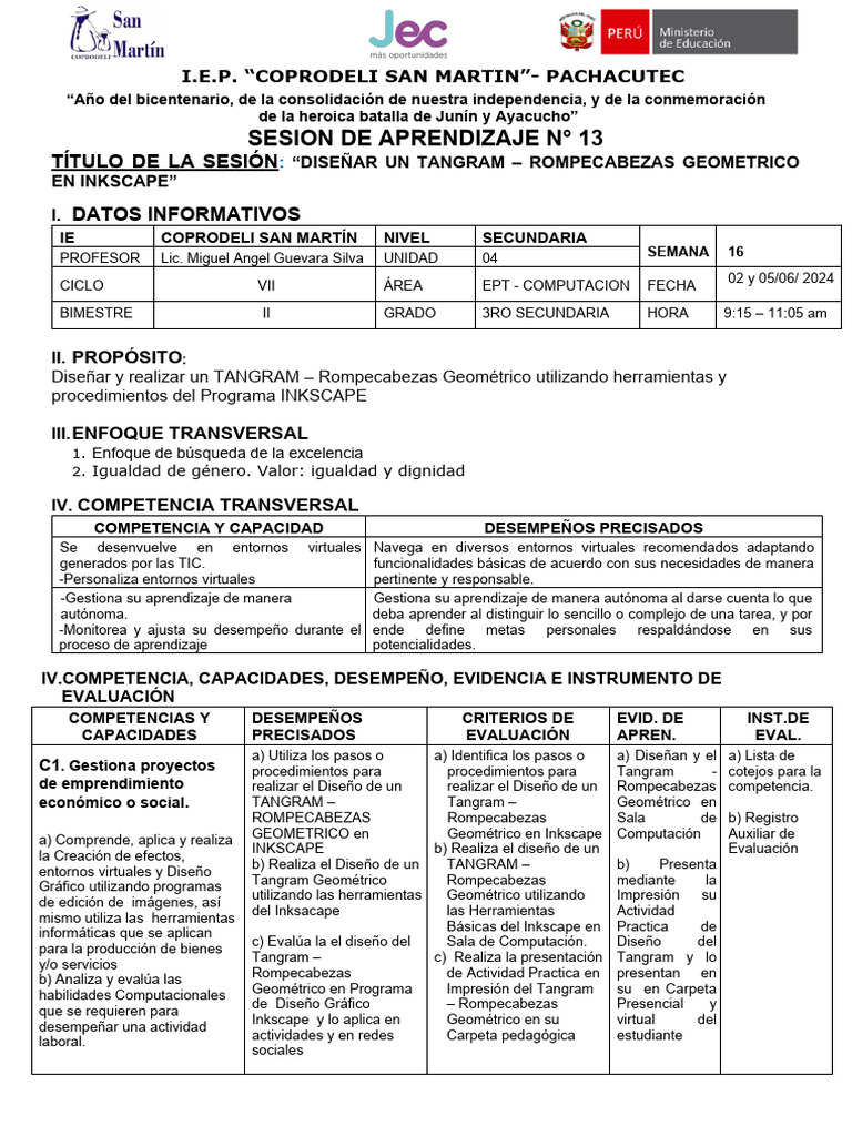 Sesion de Aprendizaje Ept Computacion 2do Coprodeli SM 2024 Clase 13 | PDF | Diseño | Evaluación