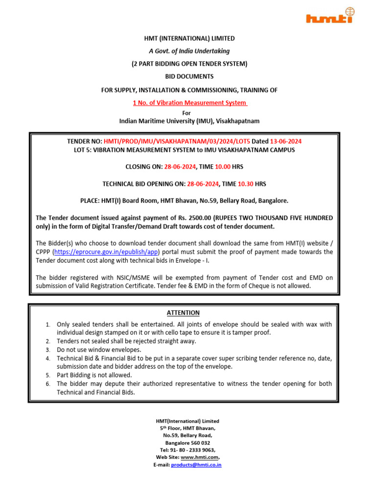 Tender - Vibration Measurement System | PDF | Cheque | Payments