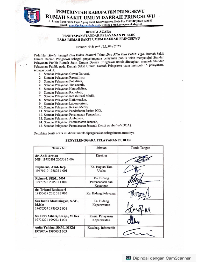 Berita Acara Penetapan Standar Pelayanan Publik | PDF