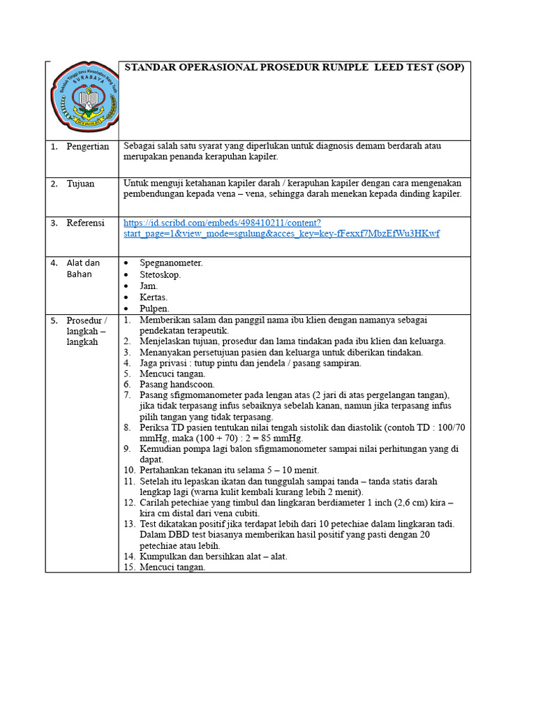 Standar Operasional Prosedur Rumple Leed Test | PDF | Kesehatan ...