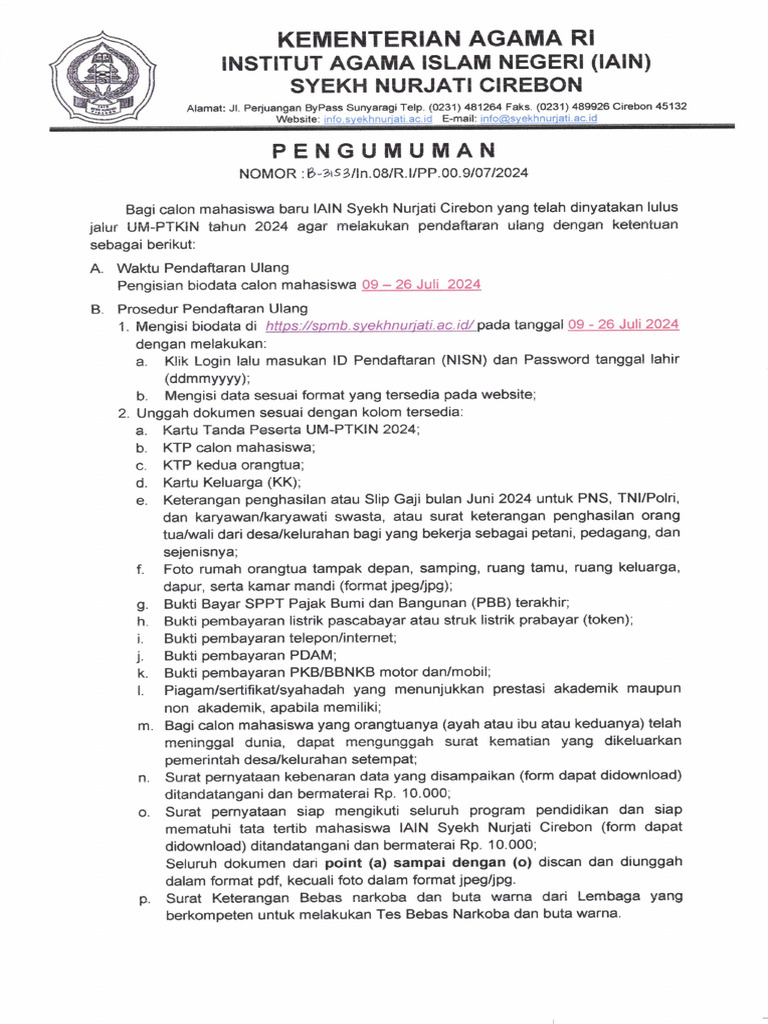 Panduan Daftar Ulang UM-PTKIN IAIN Cirebon 2024 | PDF