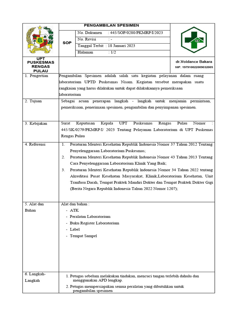 27.sop Pengambilan Spesimen | PDF
