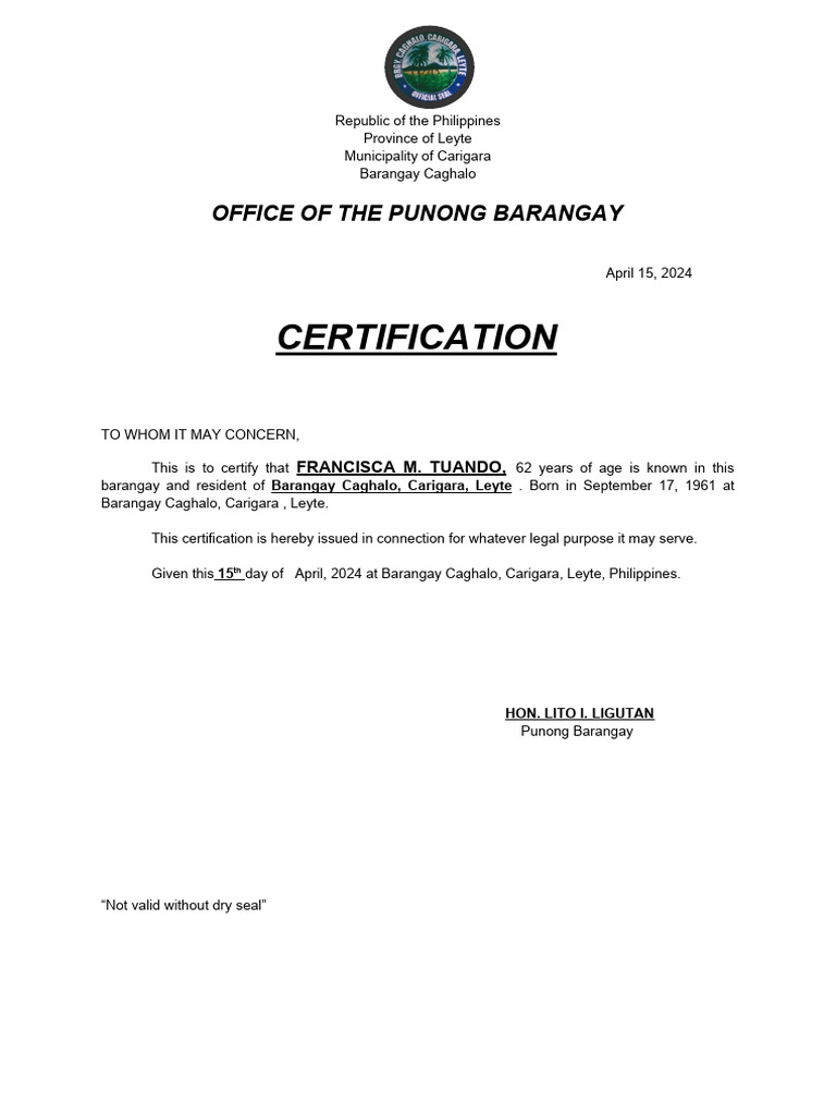 Brgy. Certification (AutoRecovered) | PDF