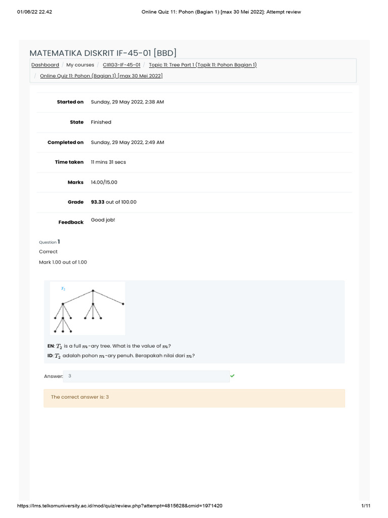 Online Quiz 11 Pohon Bagian 1 Max 30 Mei 2022 Attempt Review | PDF
