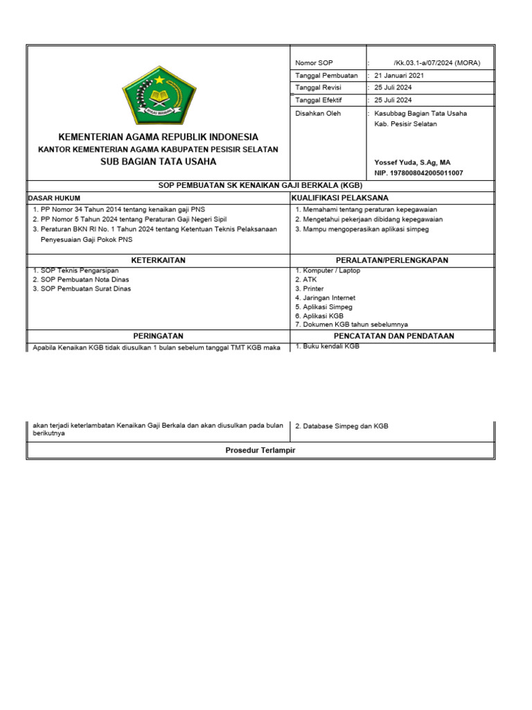 SOP Presentasi Kenaikan Gaji Berkala KGB | PDF