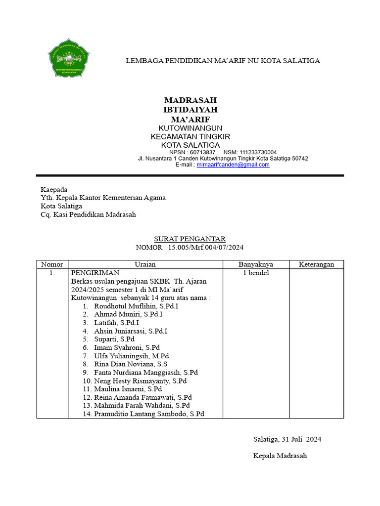 Surat Pengantar Pengajuan SKBK Semester 2 2023-2024 | PDF
