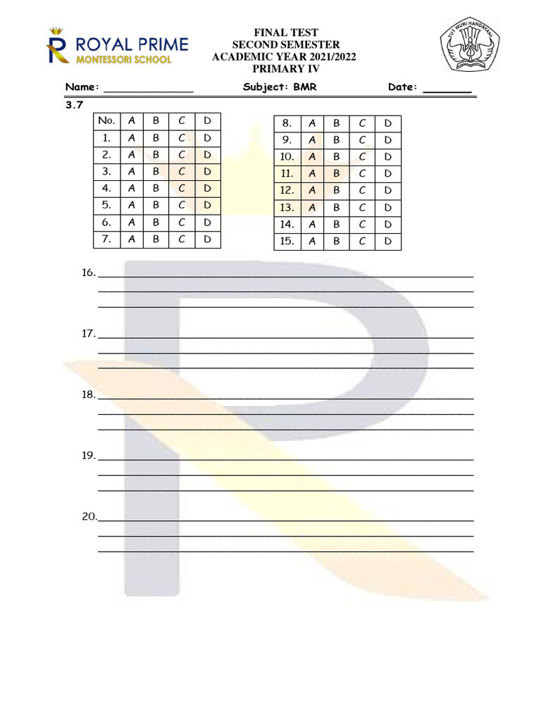 Answersheet BMR p4 | PDF | Educational Institutions | Schools