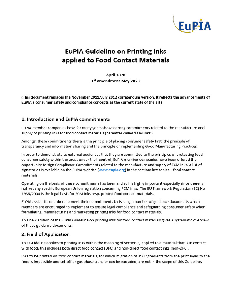 2023 05 18 - EuPIA Guideline On Printing Inks Applied To Food Contact ...