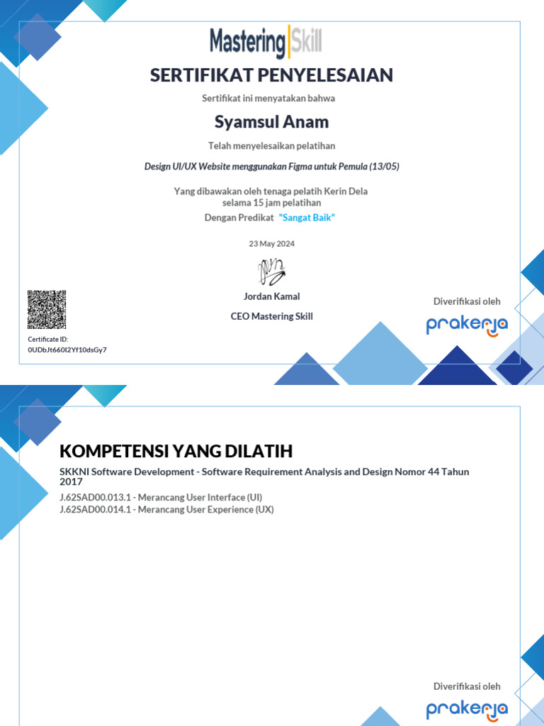 Syamsul Anam - Figma - Design UI-UX Website Learning - Certificate | PDF