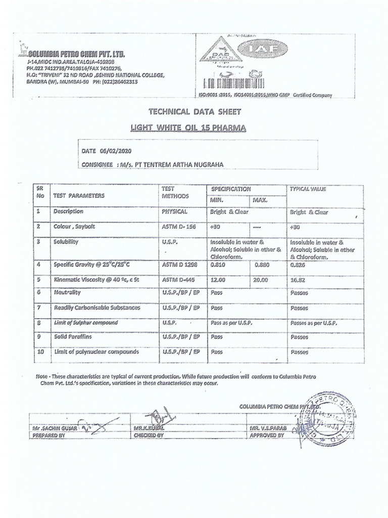 TDS Light White Oil Pharma | PDF