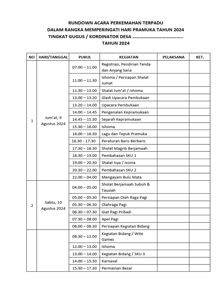 Rundown Perkemahan Pramuka 2024 | PDF